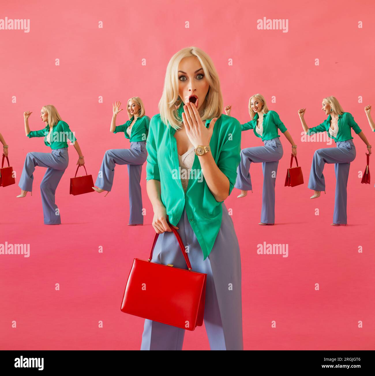 Shopaholic shocked blonde woman holding red bag on the pink background ...
