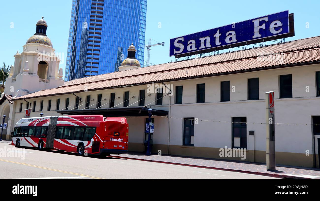 SAN DIEGO, California: San Diego SANTA FE Depot Trains and MTS bus stop Stock Photo - Alamy