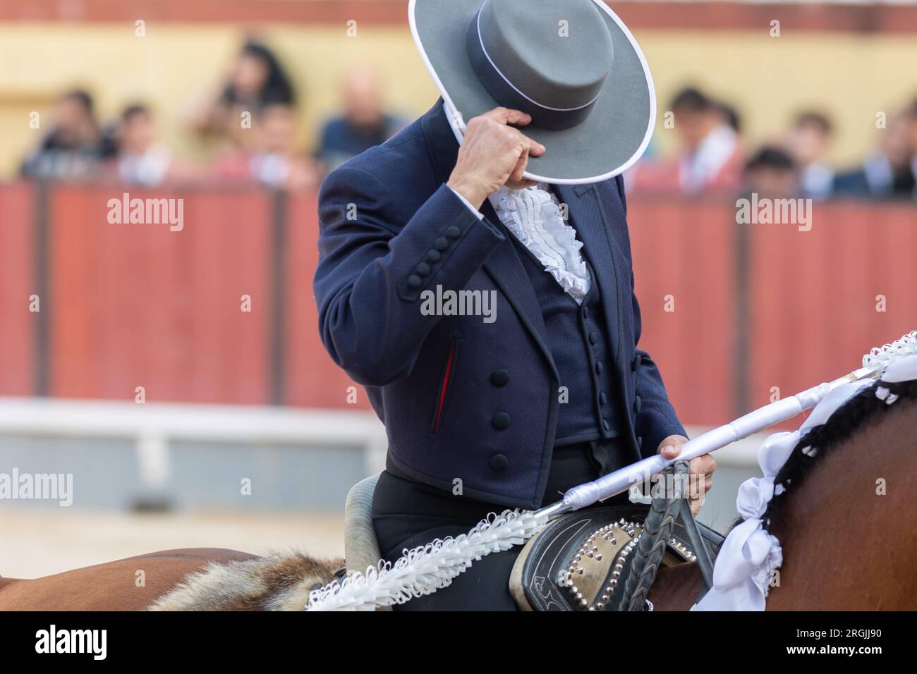 Tourada - Cavaleiro on the horseback covers his face with his hat Stock ...