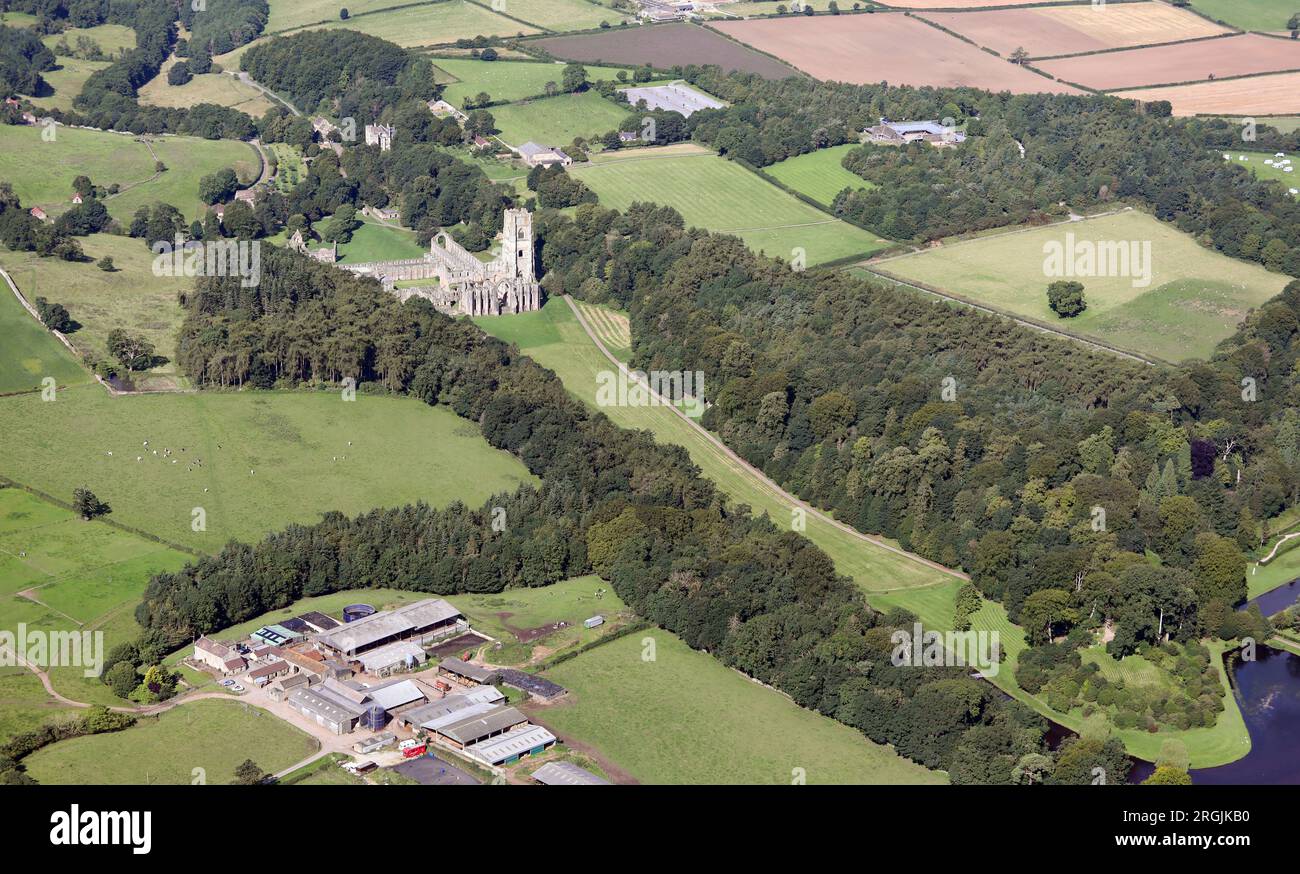 Aerial view taken from over 1500' of Fountains Abbey, near Ripon, one ...