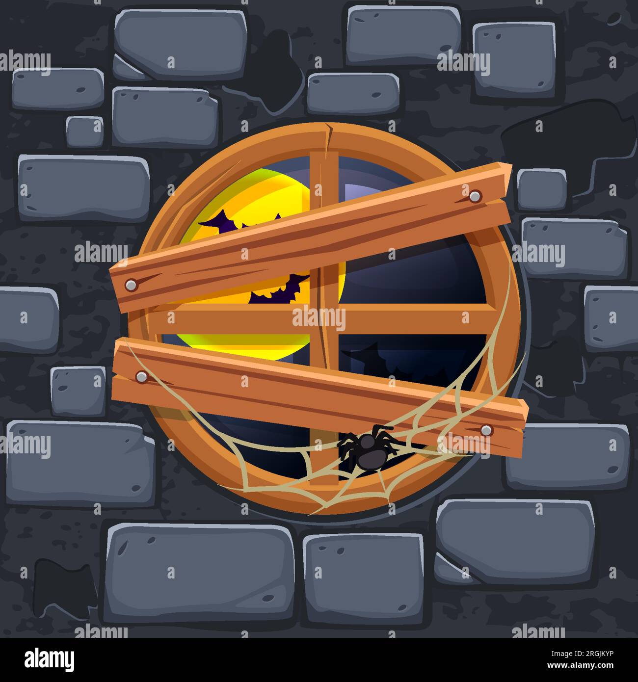 Halloween illustration with window and moon night on stone wall ...