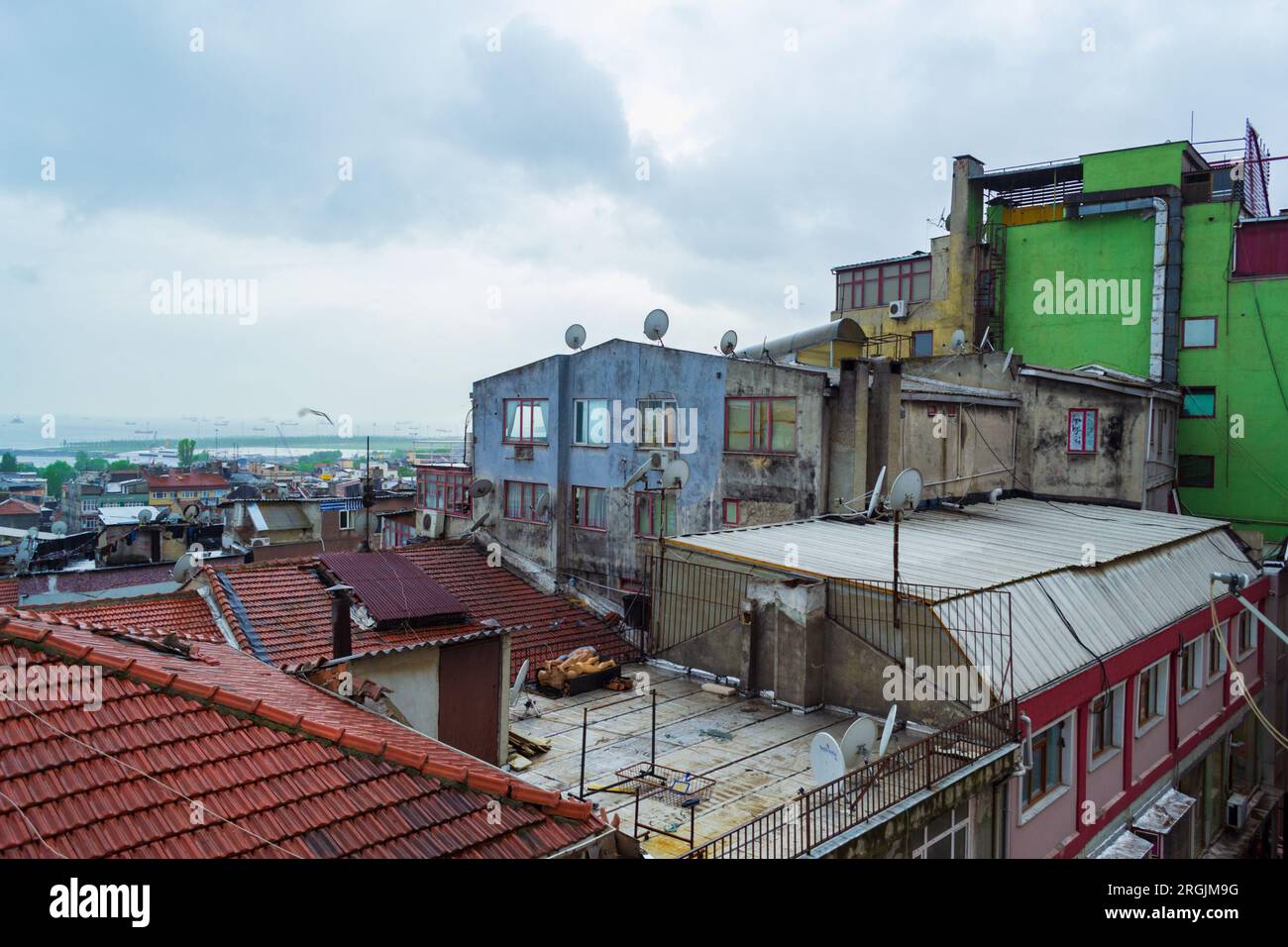 Scenic view from hotel terrace over the old town roofs in Istanbul city ...