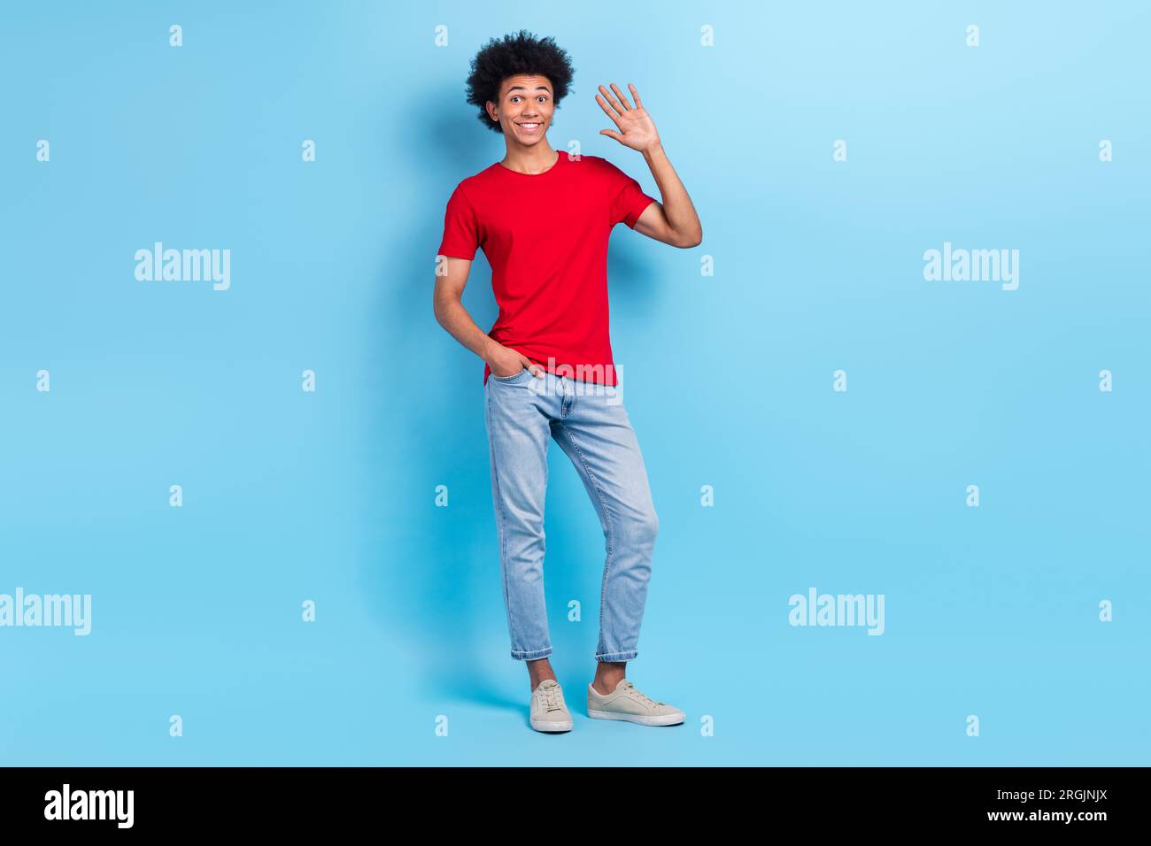 Full size body photo of friendly hipster guy funny chevelure hand ...