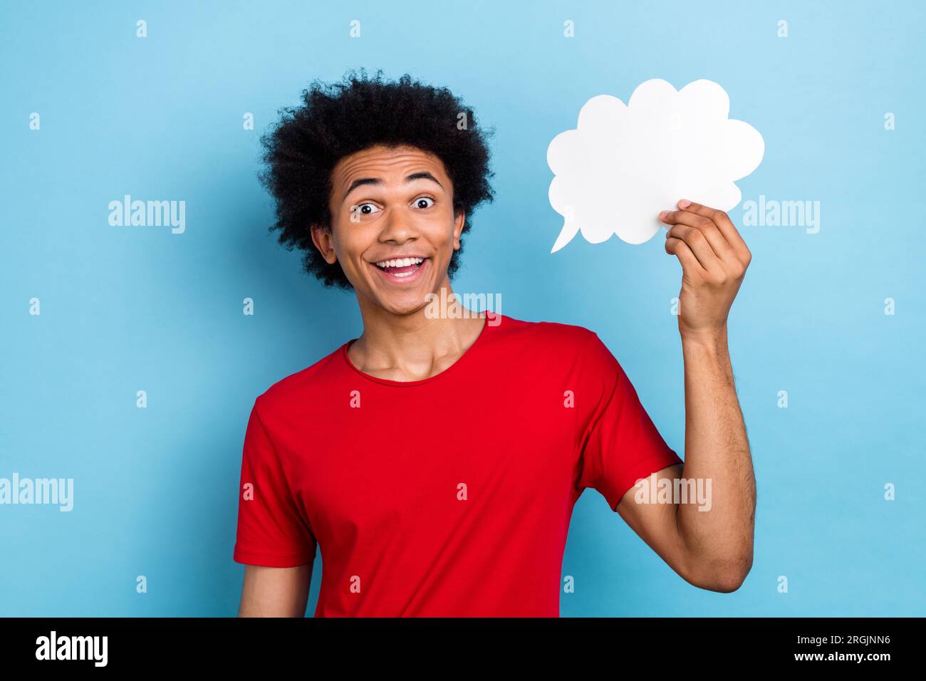 Portrait of impressed astonished person chevelure hairdo wear red t ...