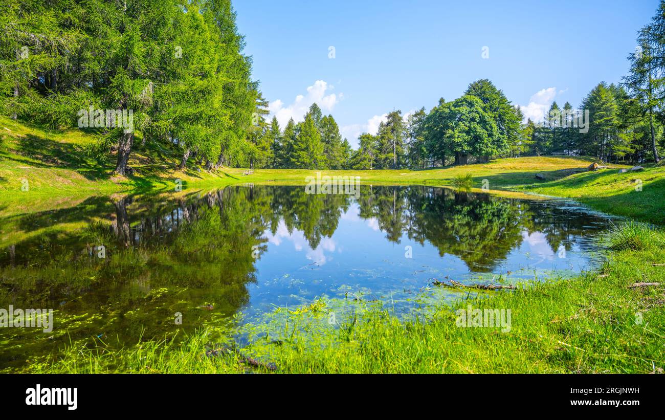Mountain pond Roccoli Lorla in lush green forest landscape of Bergamo ...