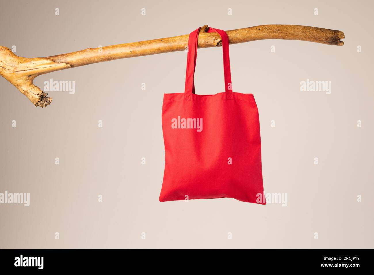 Red canvas bag hanging from wooden branch with copy space on white ...