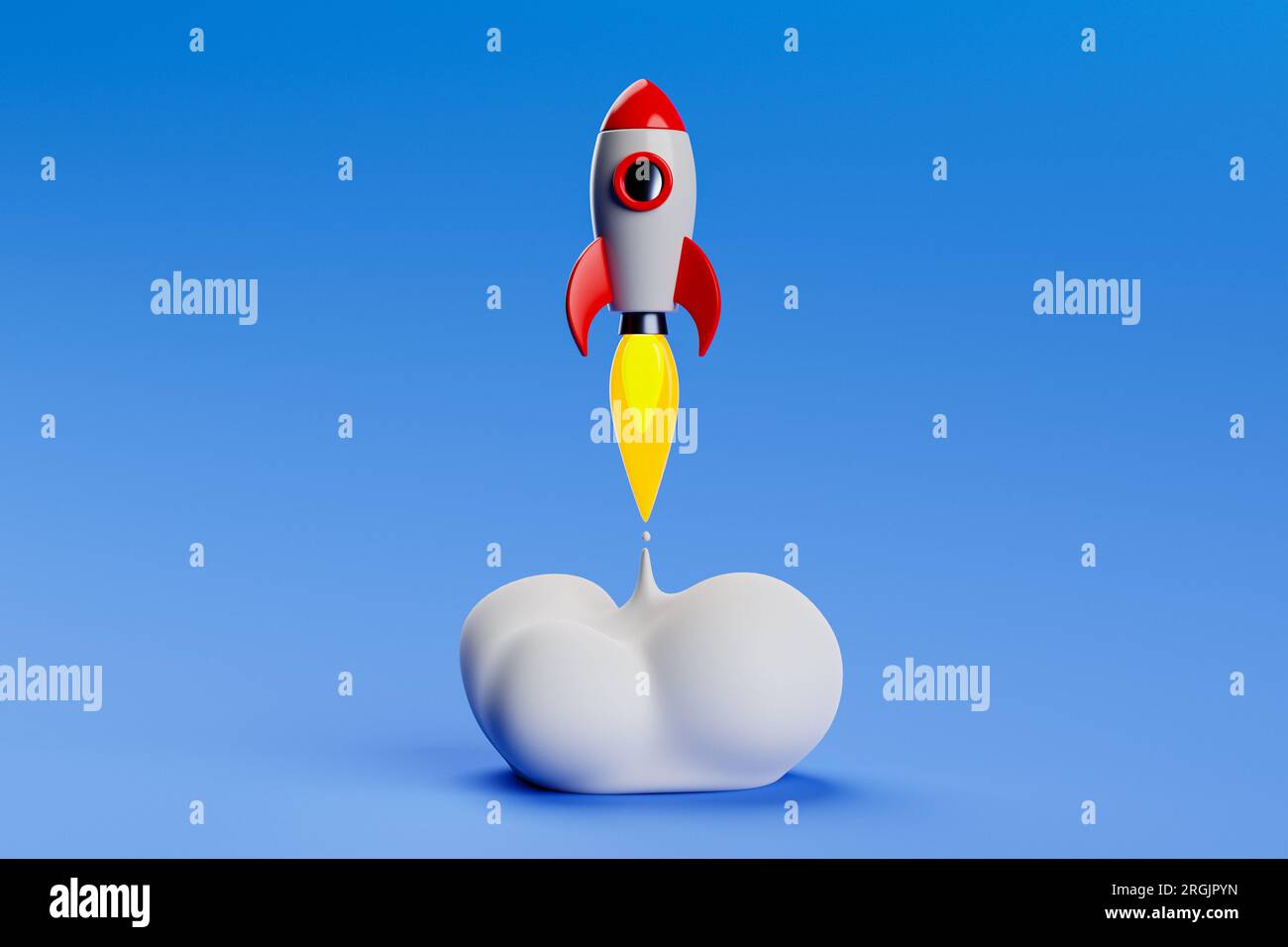 Rocket launch. Small, cute, cartoon spaceship taking off. 3d rendering ...