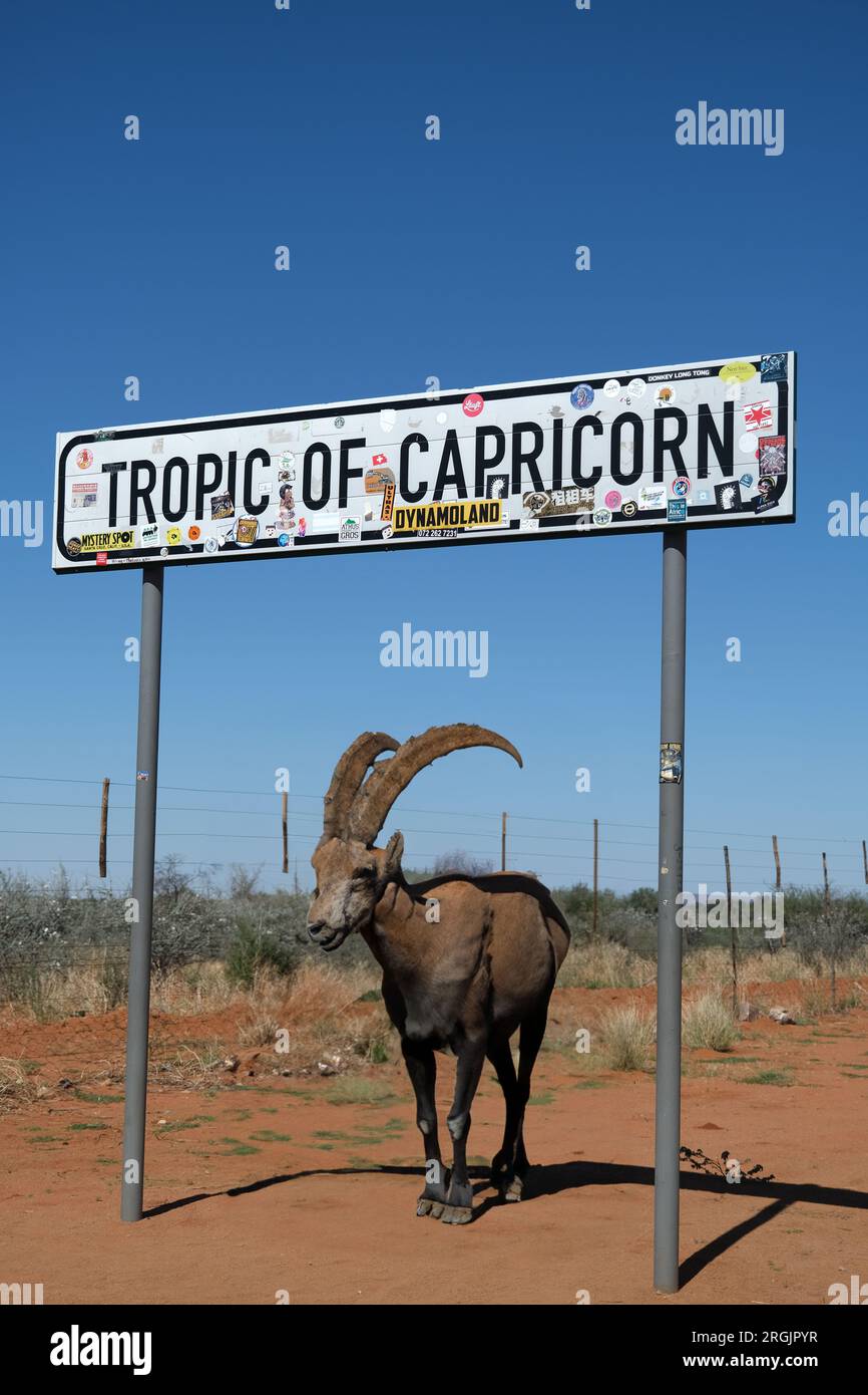 Tropic of Capricorn sign with an ibex beneath it in the Namib Desert ...