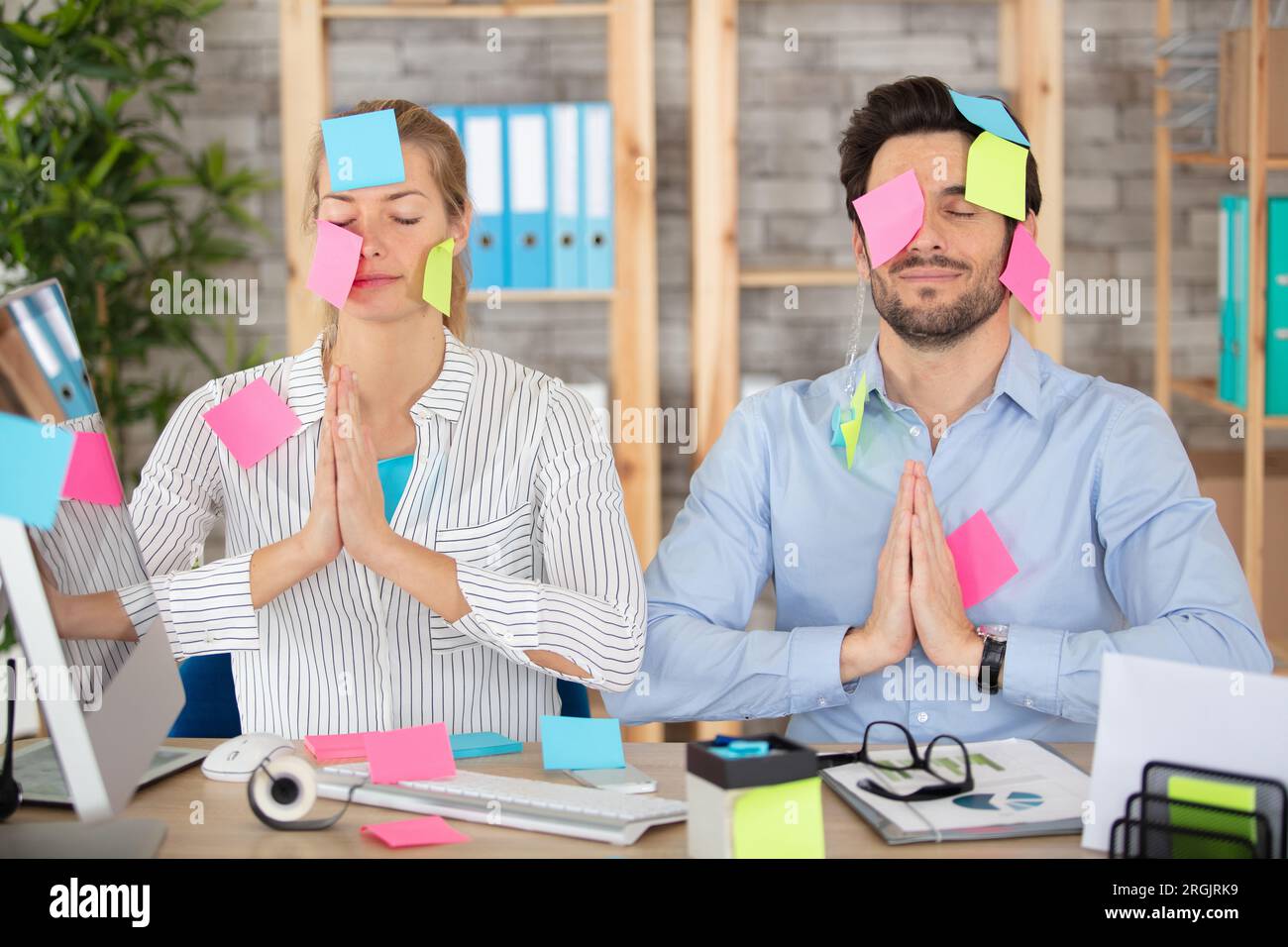 zen woman and man with lots of reminder notes Stock Photo - Alamy