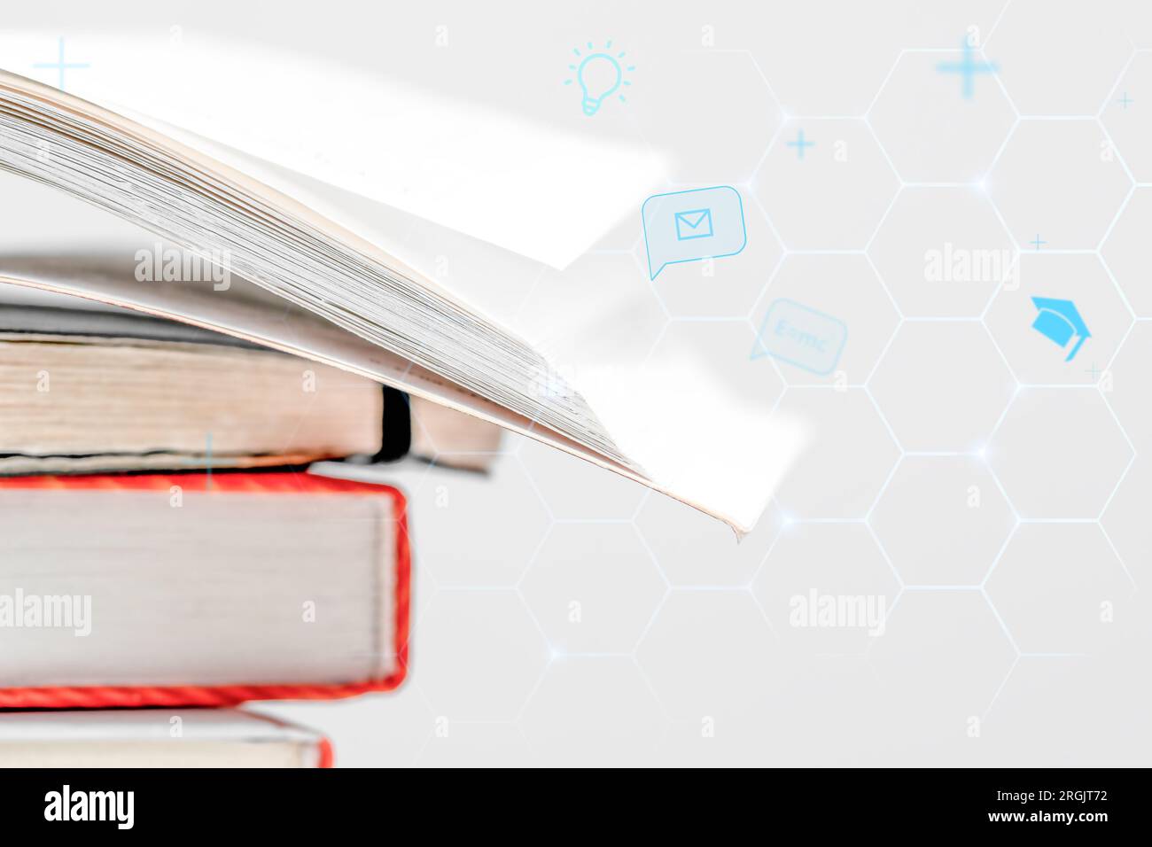 E book digital learning. Open book and scattered shapes and symbols ...