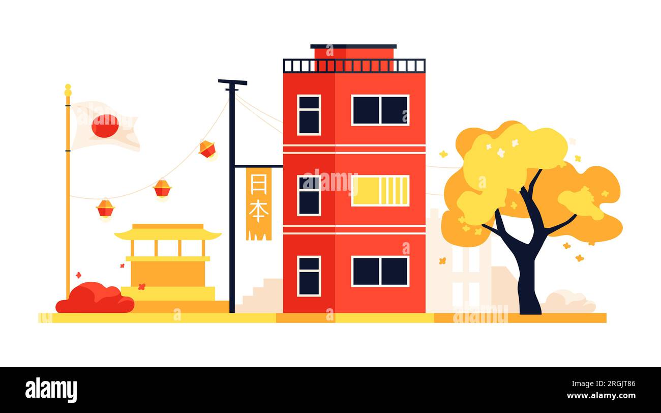 Japanese street in a poor area - modern colored vector illustration ...