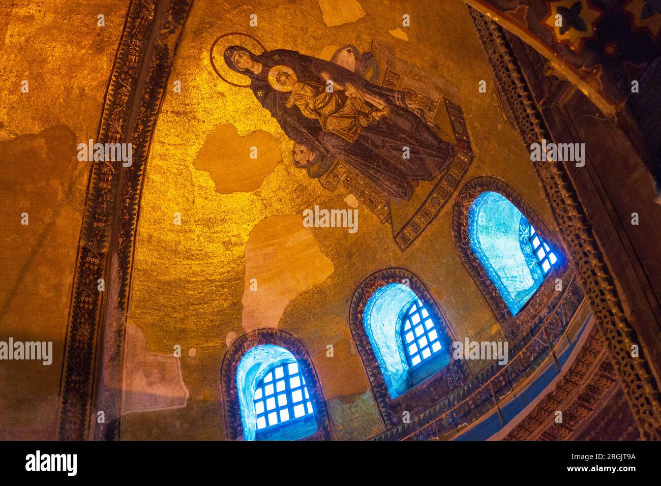 Byzantine ceiling and apse golden mosaics of the Virgin Mary, mother of ...