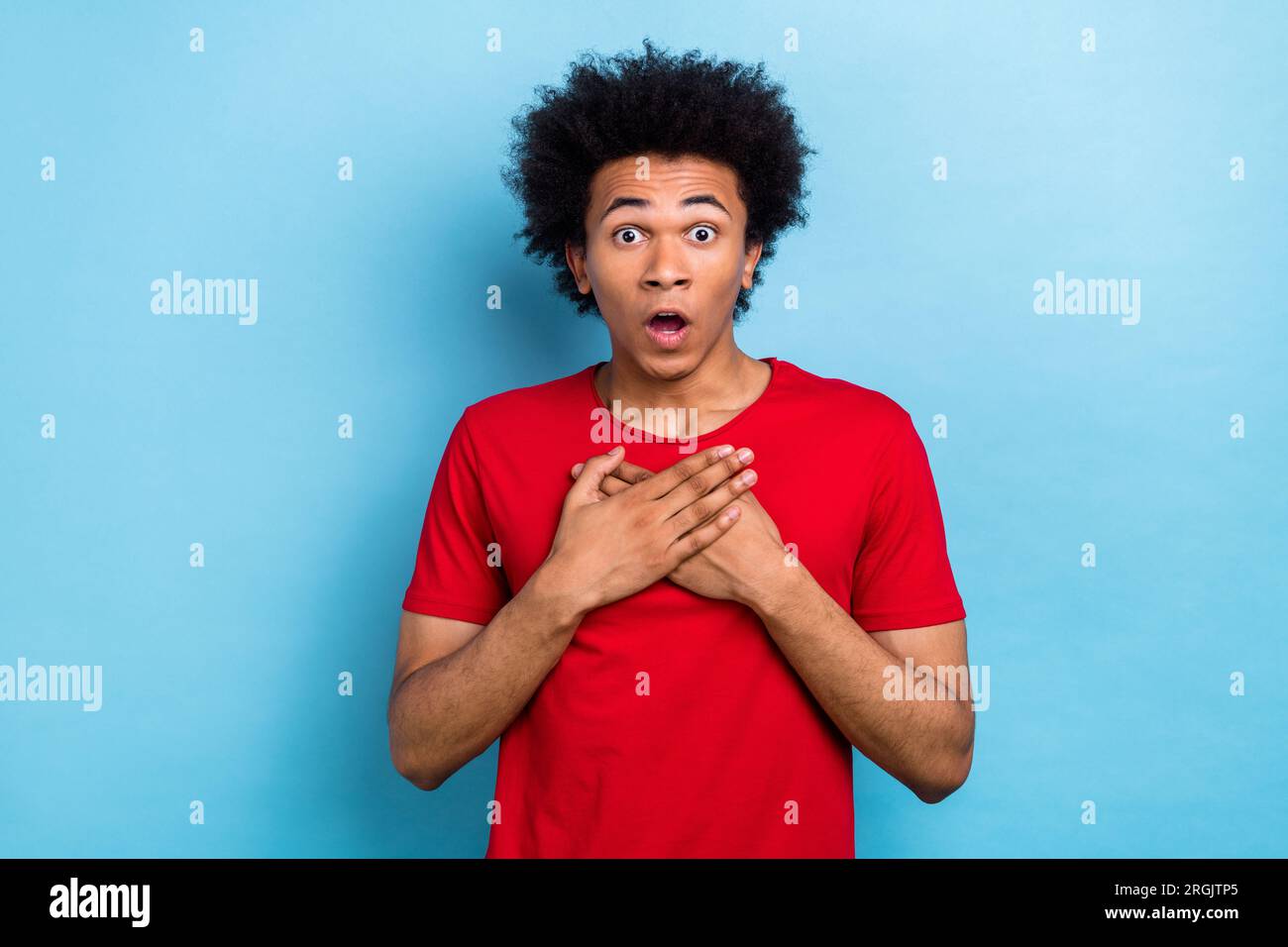 Portrait of impressed speechless person arms touch chest open mouth ...