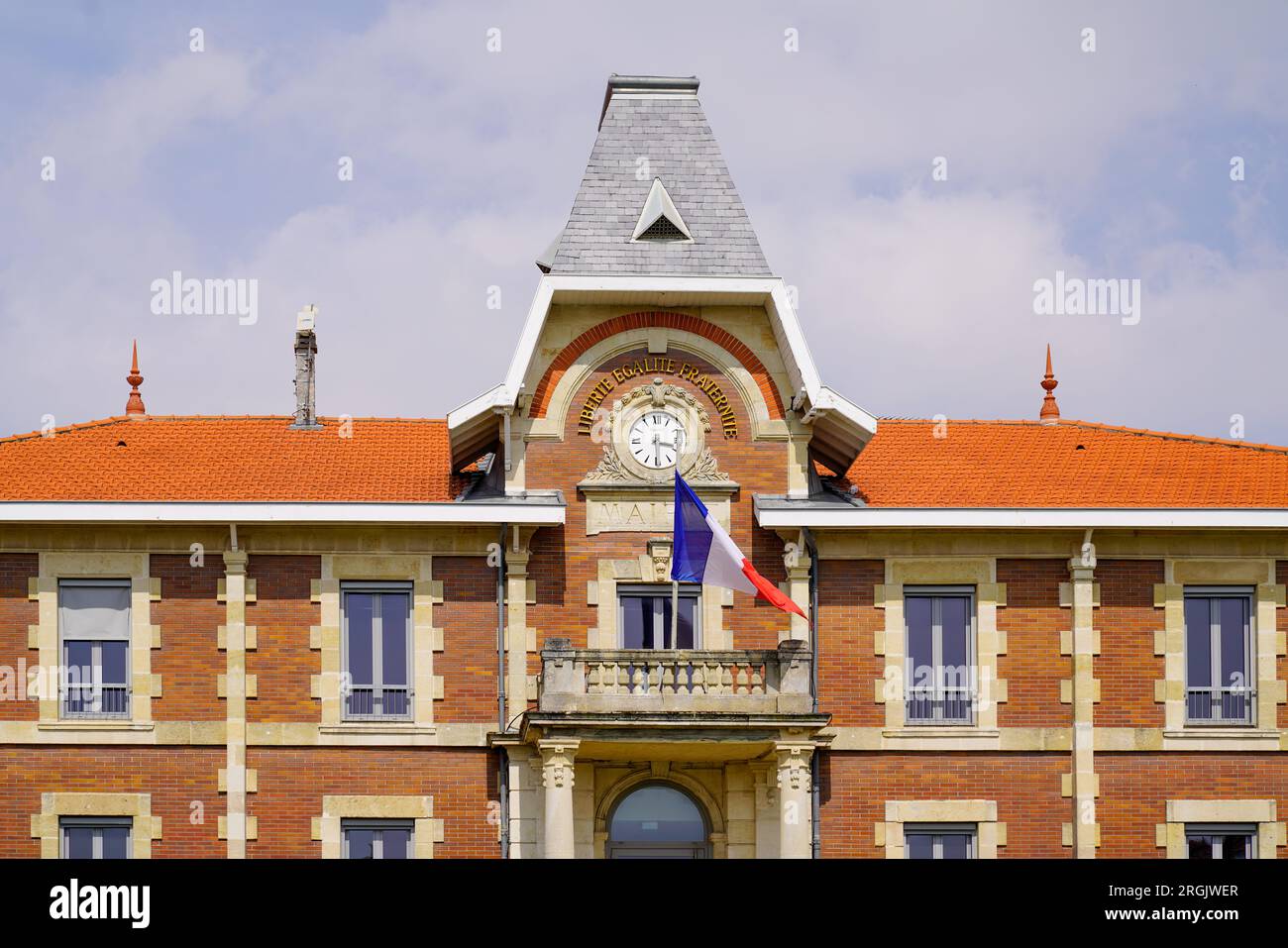 city hall facade french town of Soulac sur mer with french text liberte ...