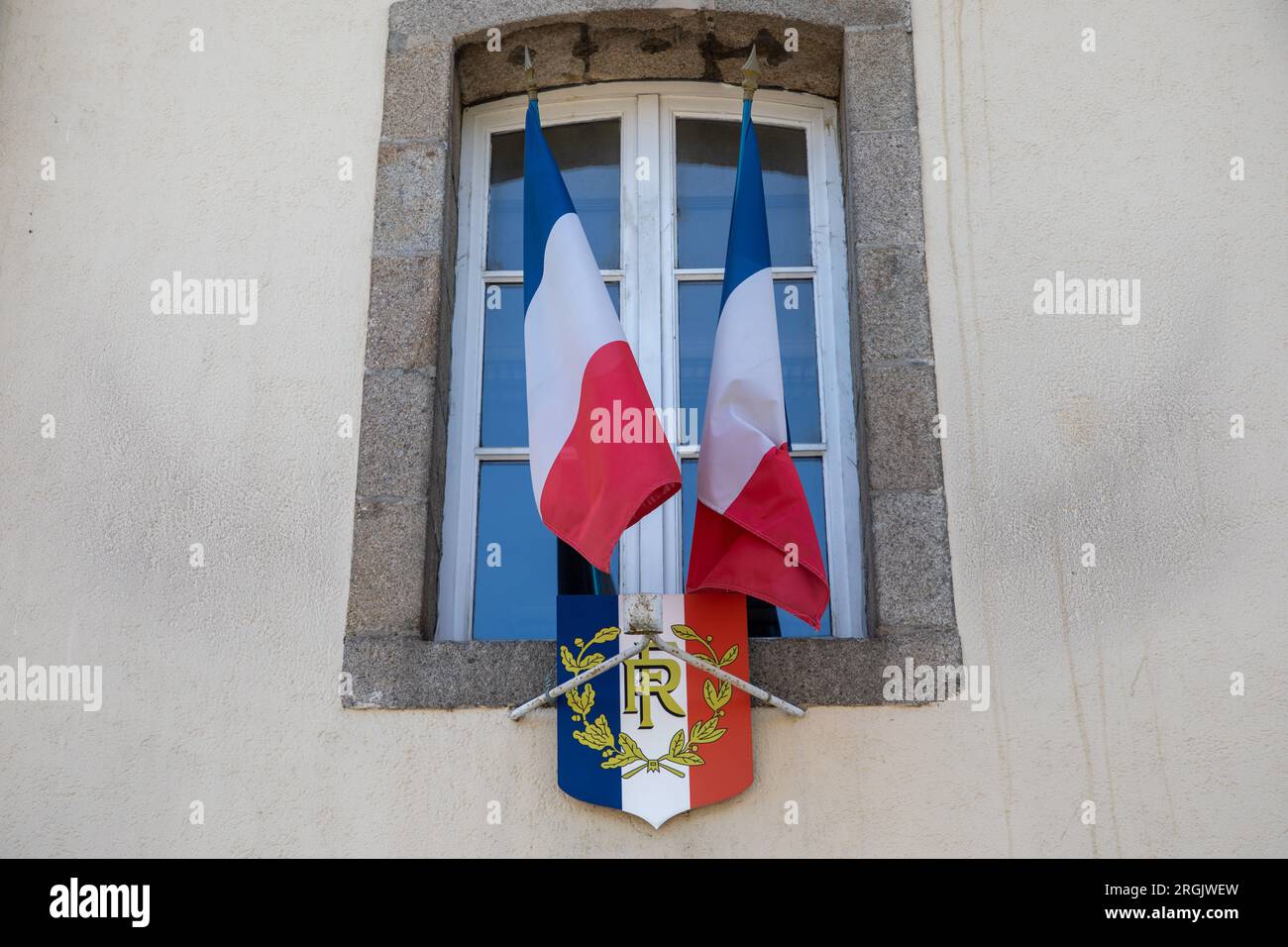 French flag and coat of arms text rf french republic of France in city ...