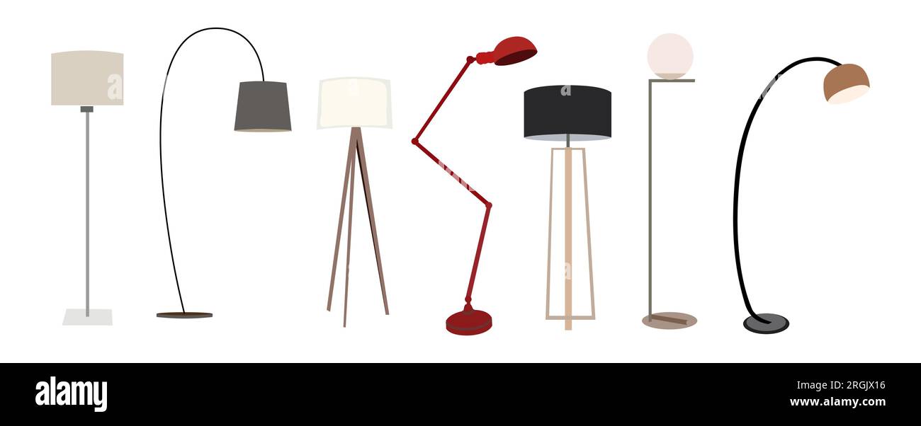 Modern Floor lamps set. Different interior light decor standing. Flat ...