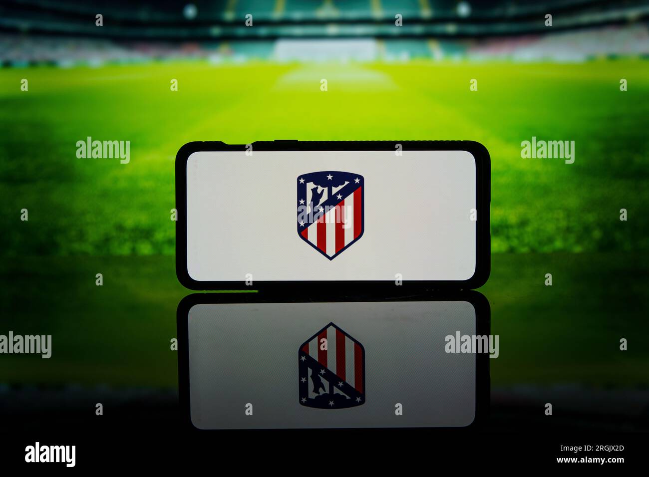 Spanish Football league LaLiga team Madrid Atletico logo on screen ...