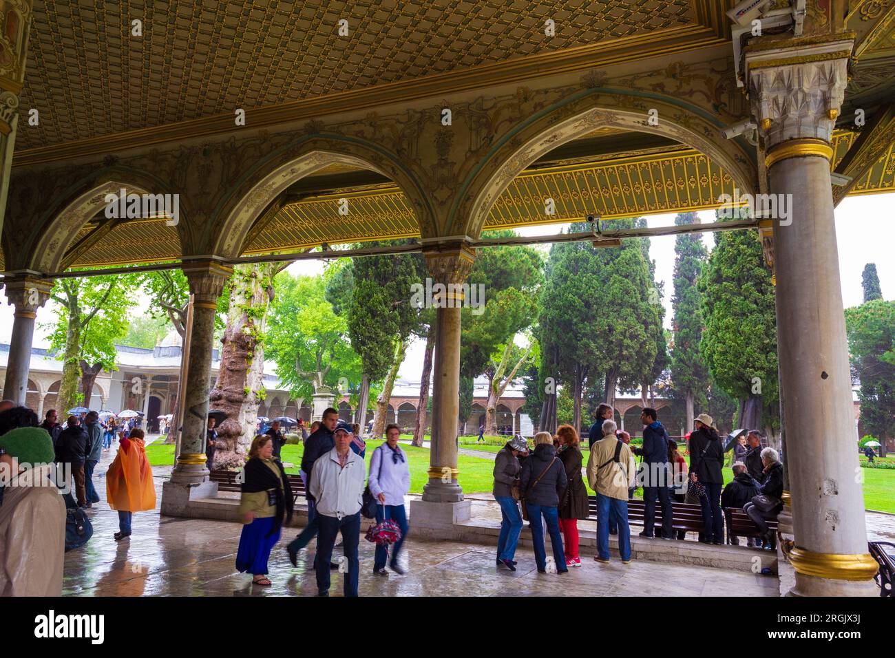 :View of Topkapi Palace courtyard on rainy spring day.Layout of the ...