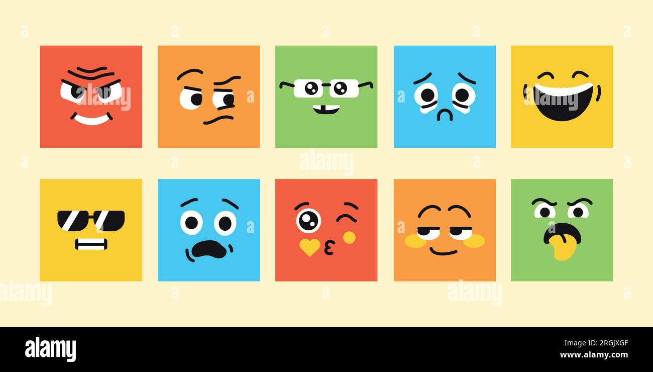 Characters color elements. Mascots of emotions. Square abstract faces ...