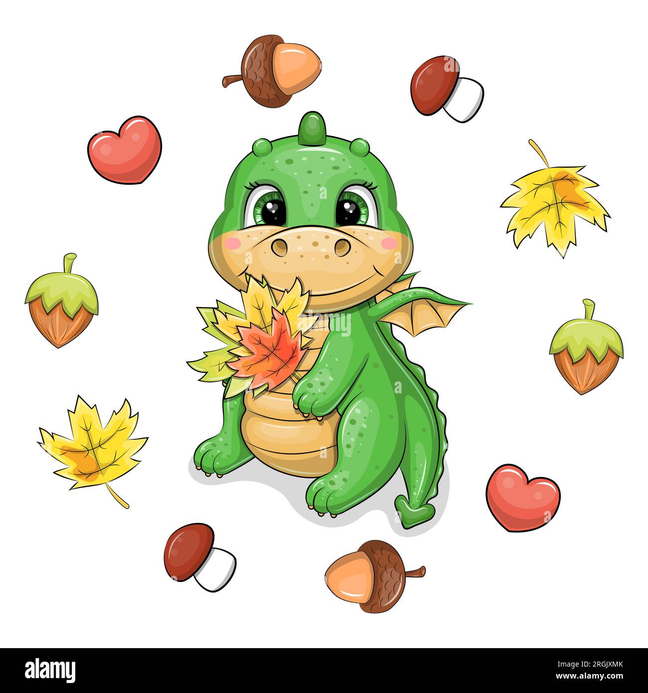 Cute cartoon green dragon with fallen leaves. Autumn vector ...