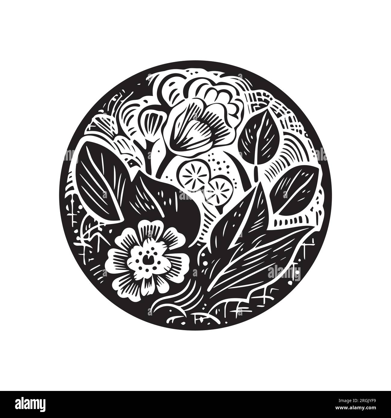 Nordic linocut floral in rustic circle motif for quirky print. Hand ...