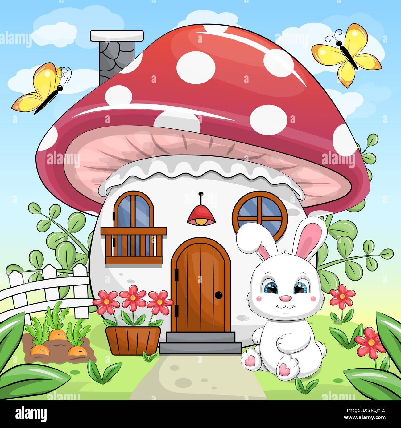 Cute cartoon white rabbit with a mushroome house. Summer vector ...