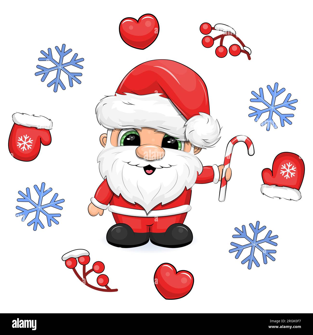 Cute cartoon Santa Claus with a candy cane in a winter frame. Christmas ...