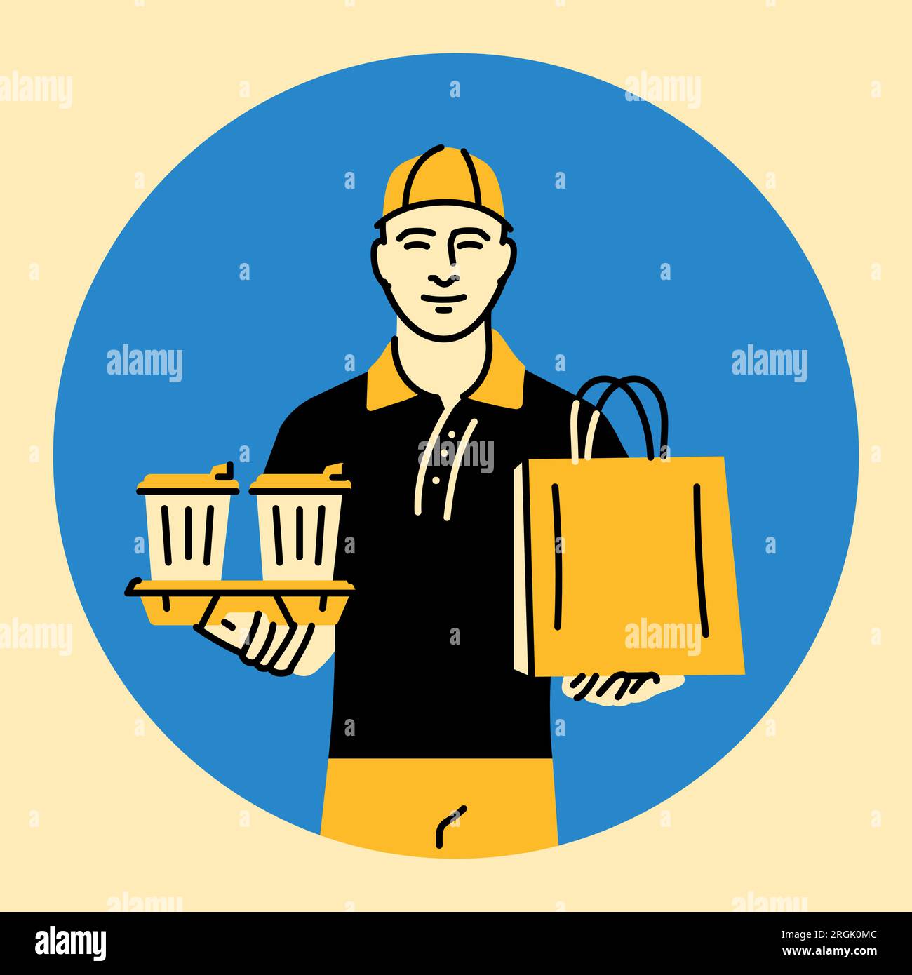 Courier with drinks and food black line icon. Food delivery service ...