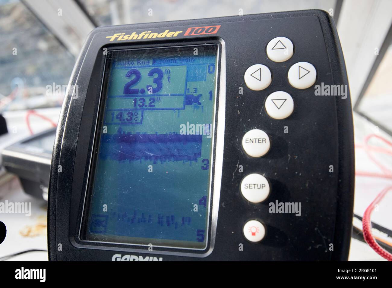 old fishfinder in a small boat in the uk Stock Photo - Alamy