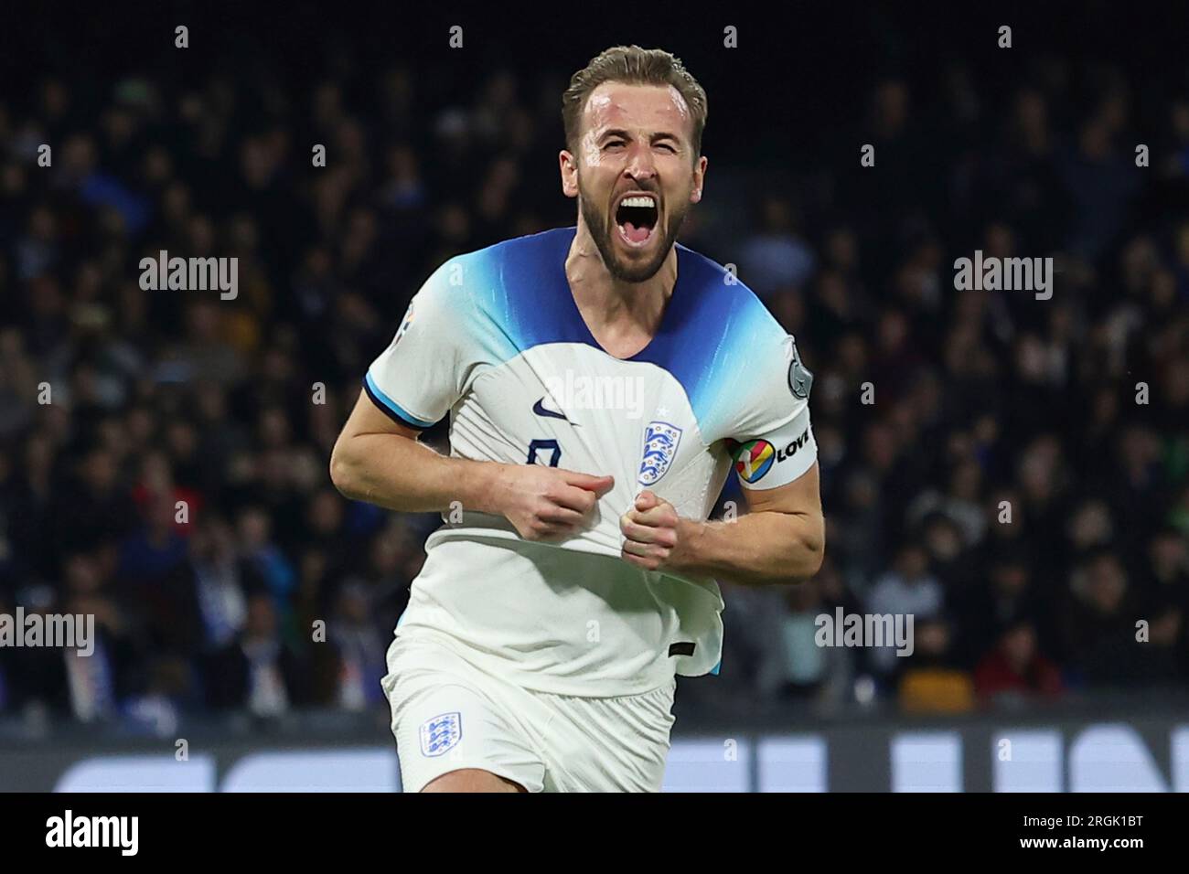 FILE - England's Harry Kane celebrates after scoring to 0-2 during the ...