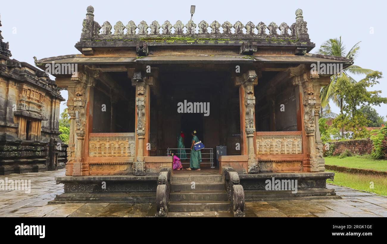 INDIA, KARNATAKA, SHIMOGA, July 2023, Devotee at Parvati Temple, Aghoreshwara Temple, Ikkeri ...