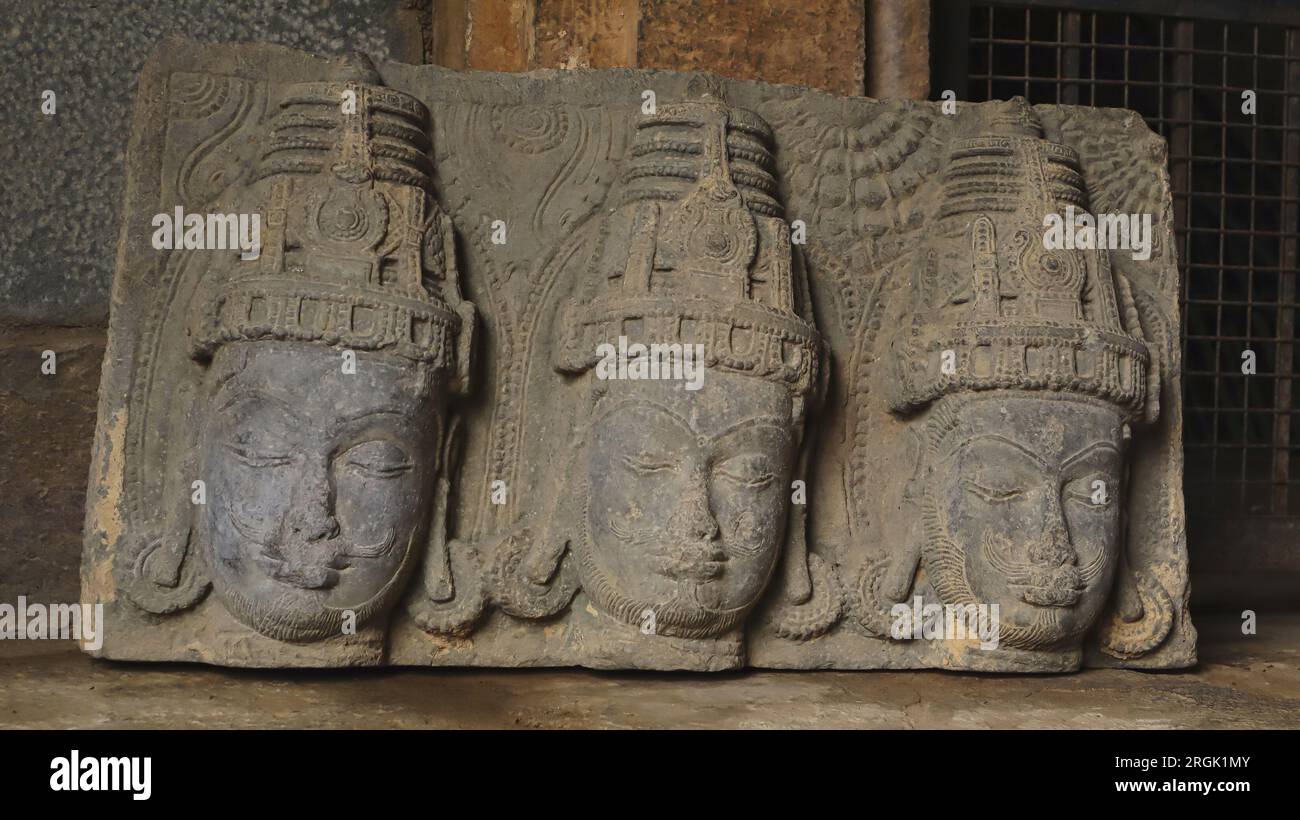 Face sculpture of Trideva in the Campus of Shri Tarakeshwara Swami Temple, Hangal, Haveri ...