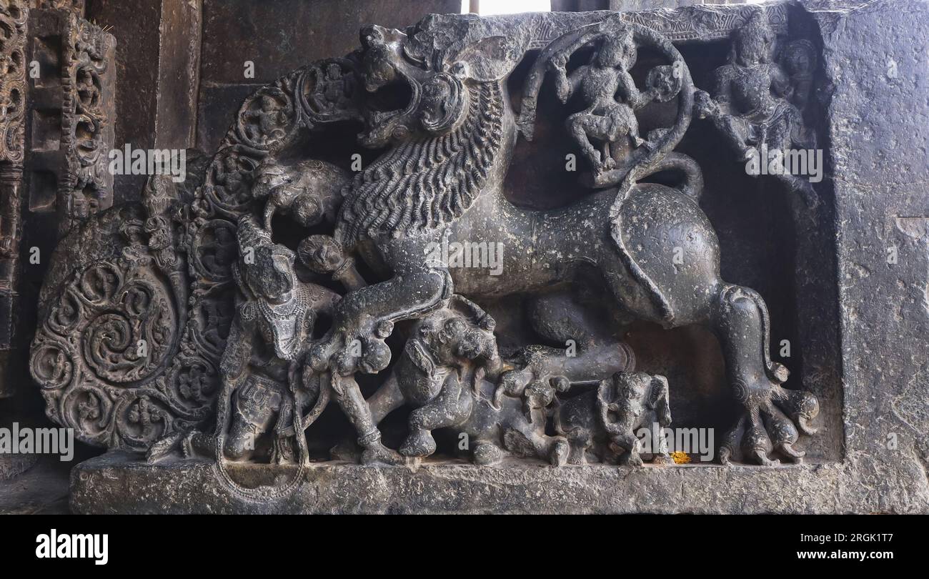 Yali on the staircase of Basaveswara Temple, Kuruvatti, Vijayanagara ...