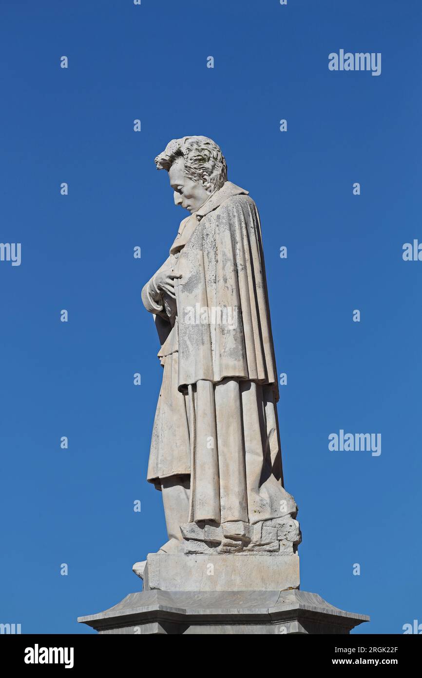 Statue of Giacomo Leopardi in the main square in the town of Recanati ...