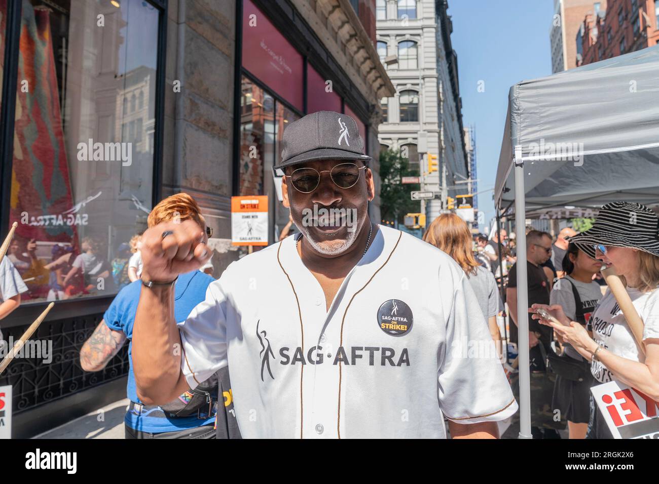 New York, United States. 09th Aug, 2023. Ezra Knight attends WGA picket ...