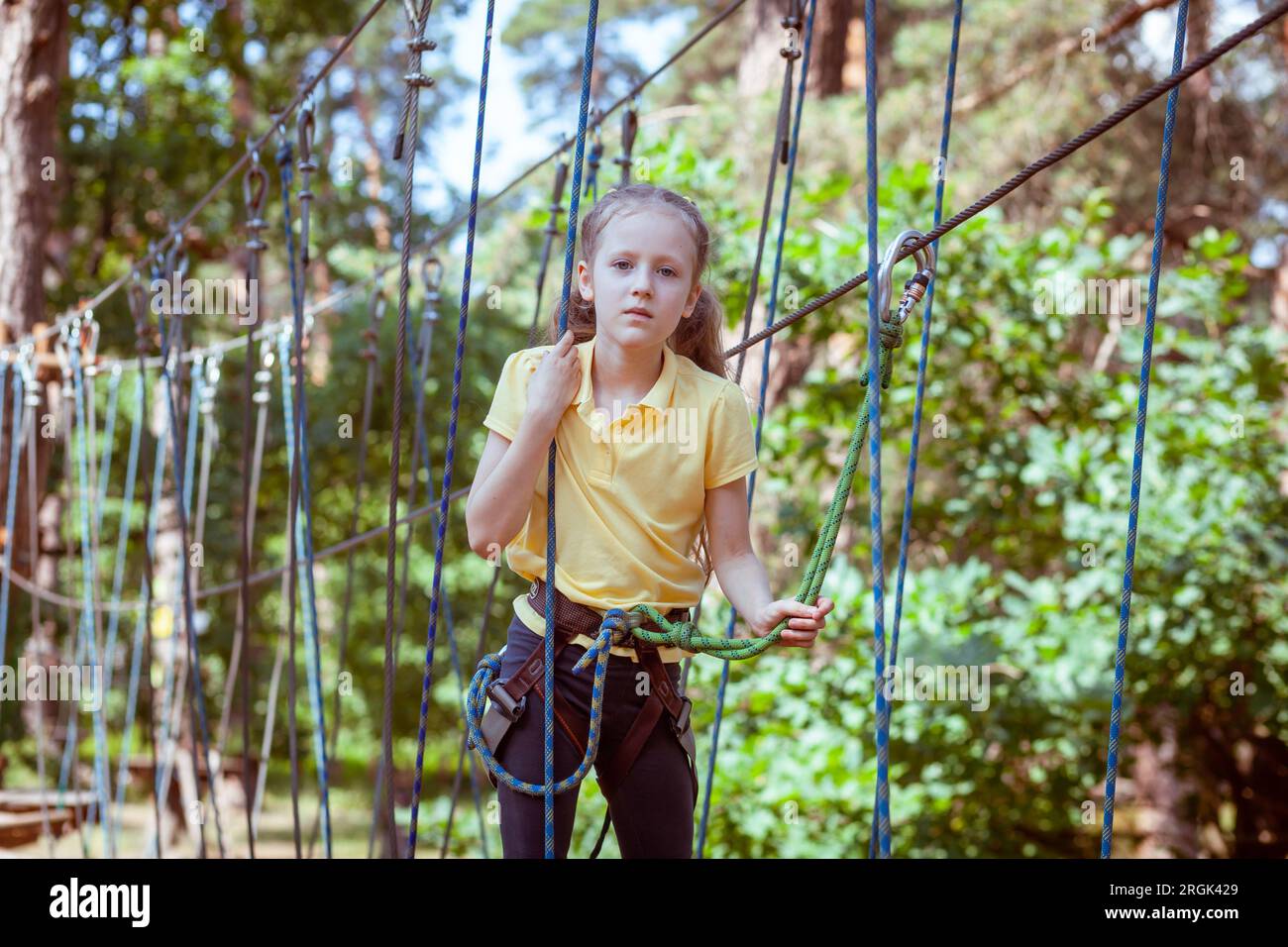 Child in a forest adventure park made of ropes. Children's outdoor ...