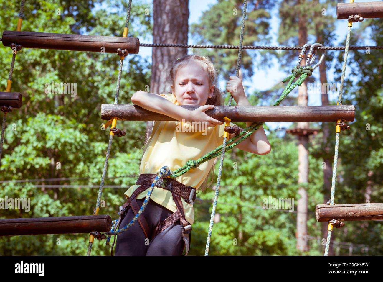 Child in a forest adventure park made of ropes. Children's outdoor ...
