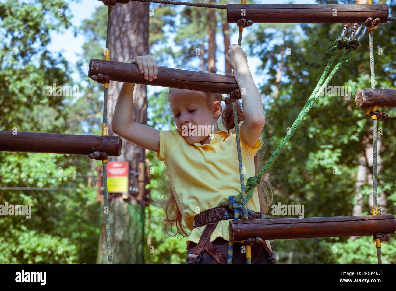 Child in a forest adventure park made of ropes. Children's outdoor ...