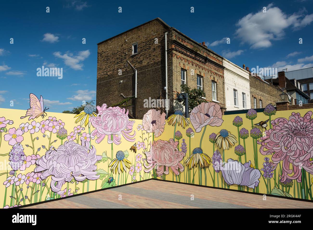Colourful flower themed hoarding boards outside David Attenborough's ...