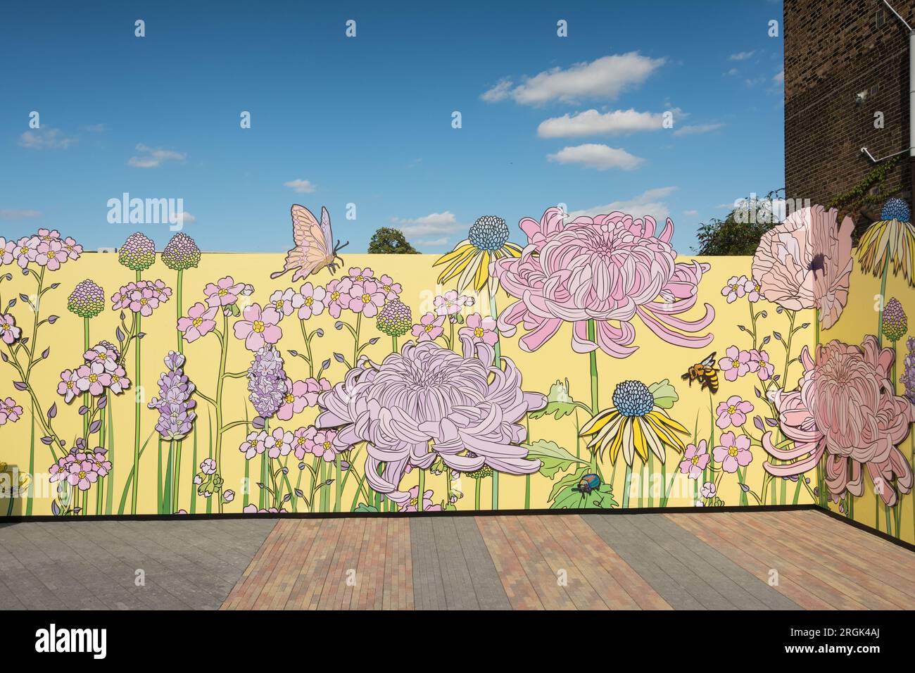 Colourful flower themed hoarding boards outside David Attenborough's ...