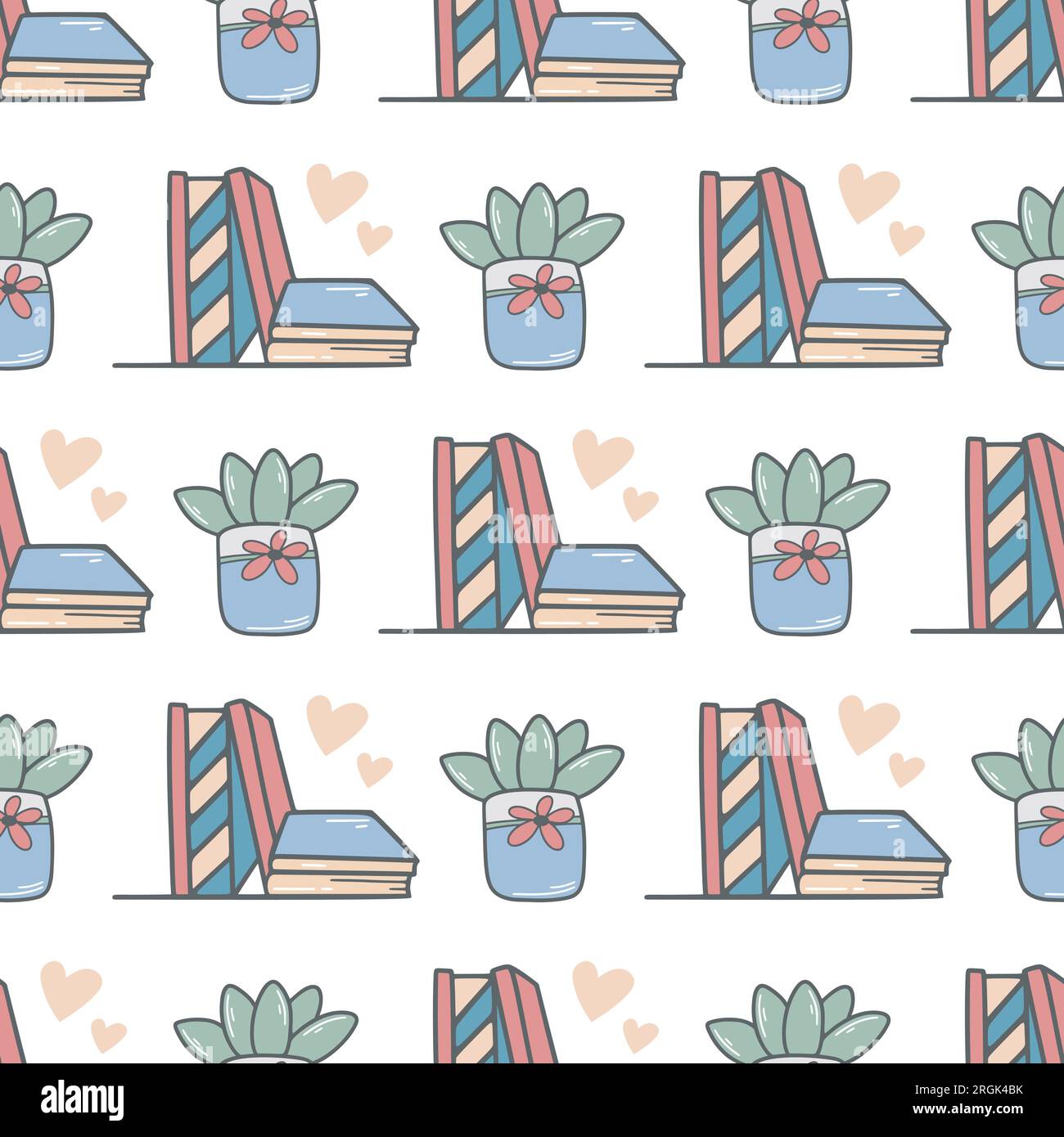 Books on shelves seamless pattern. Cute background with books, hearts ...