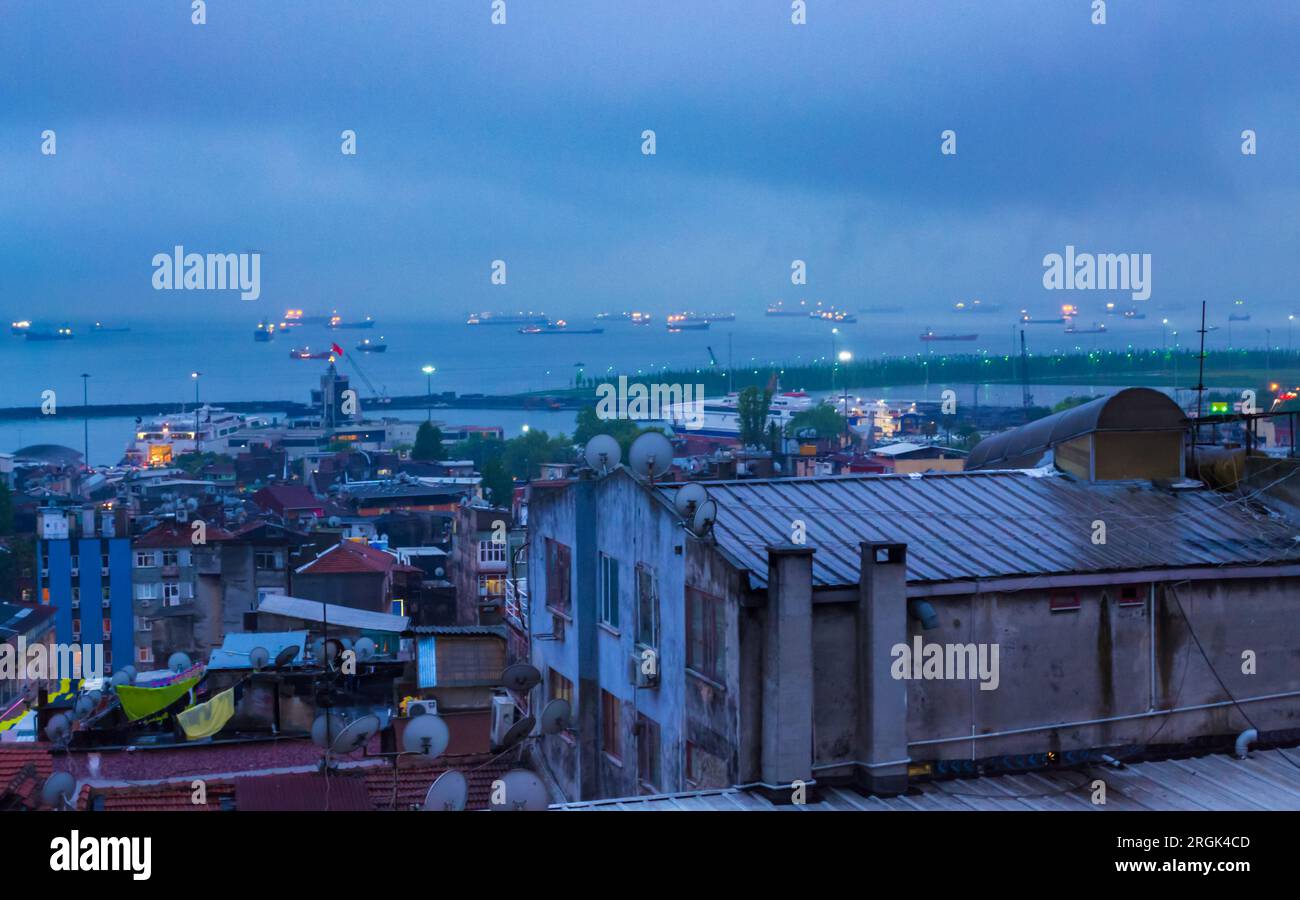 Scenic evening view from hotel terrace over the old town roofs in ...