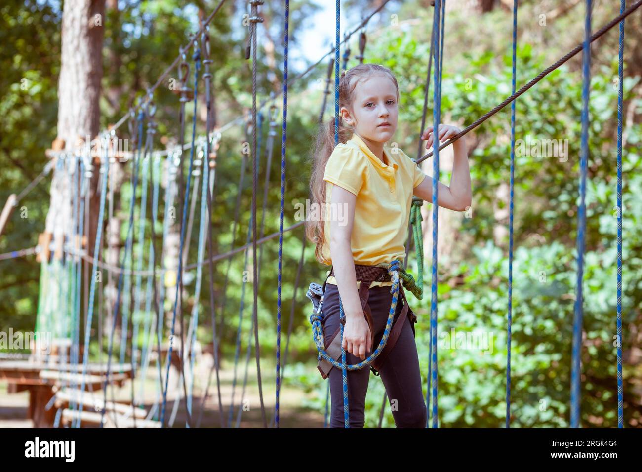 Child in a forest adventure park made of ropes. Children's outdoor ...