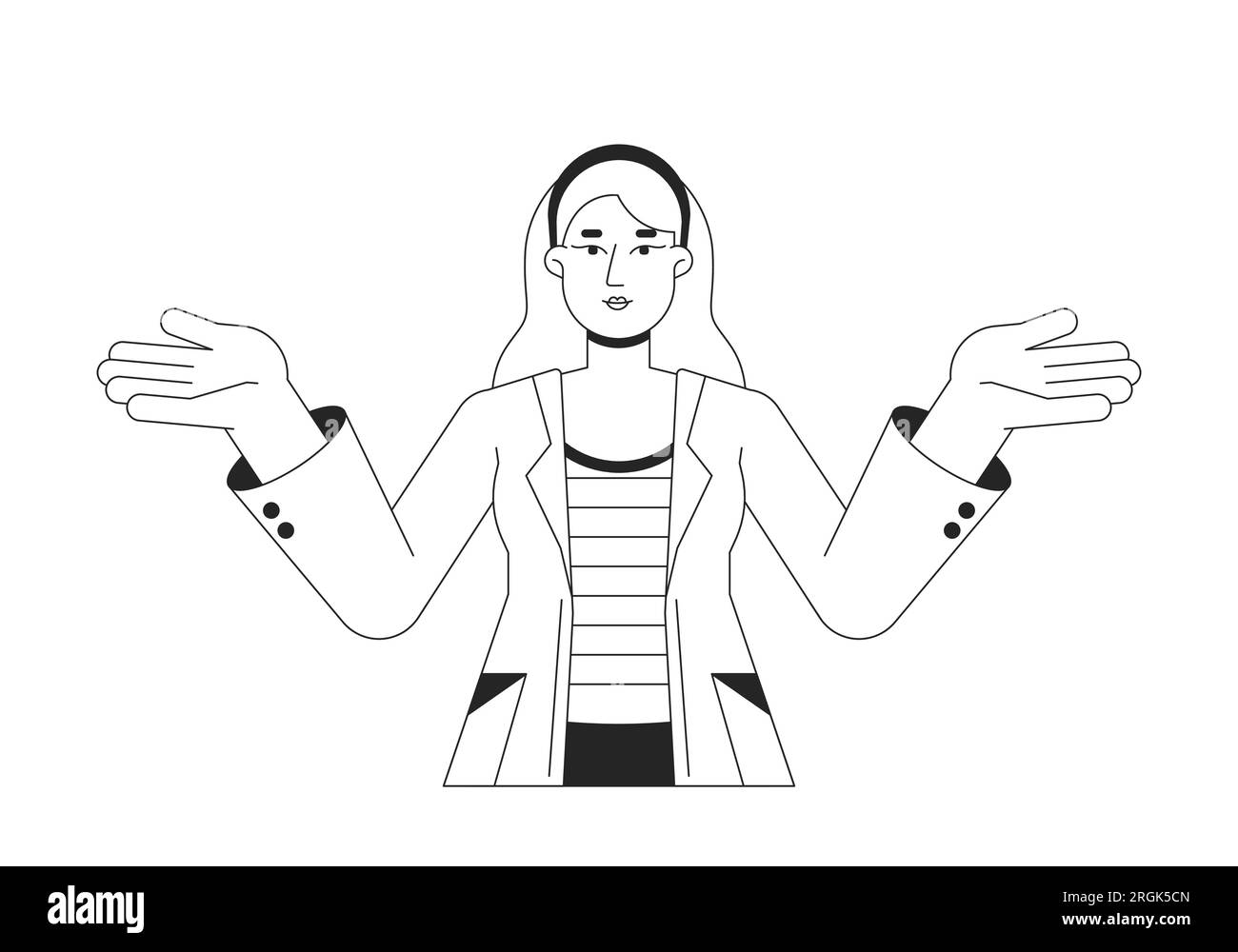 Happy woman in lab coat shrugging hands flat line black white vector ...