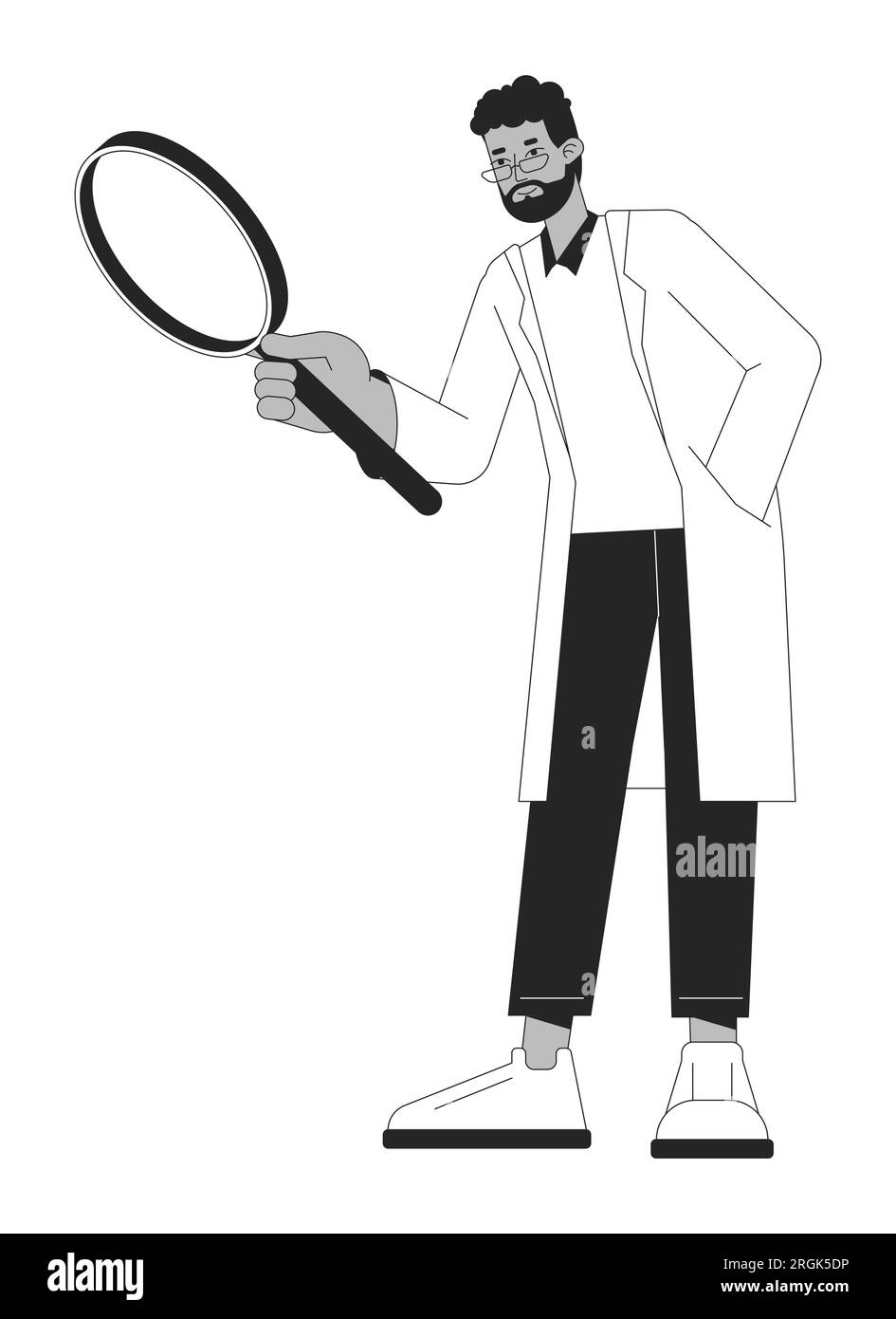 Indian scientist with magnifying glass flat line black white vector ...