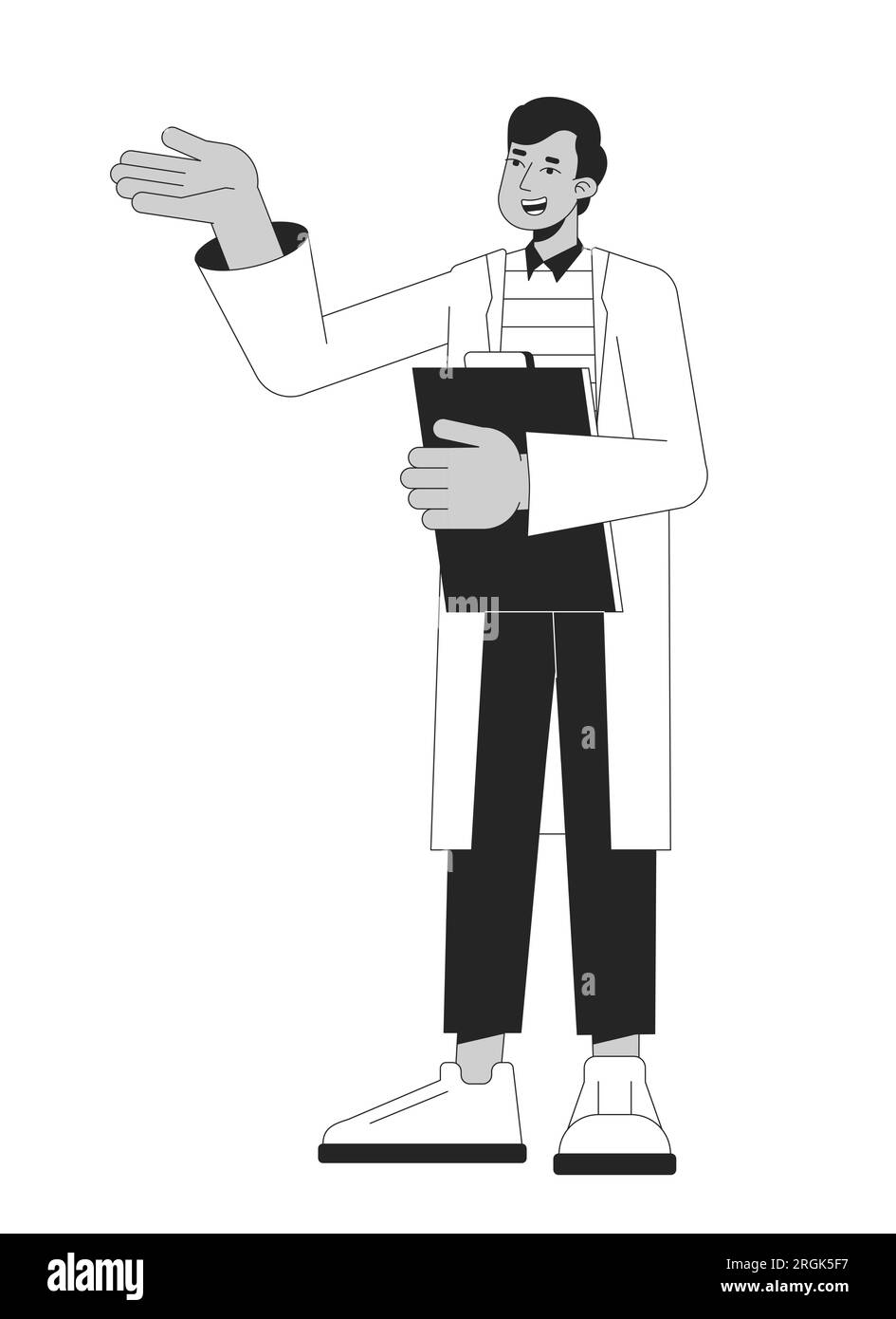 Indian male scientist with document flat line black white vector ...