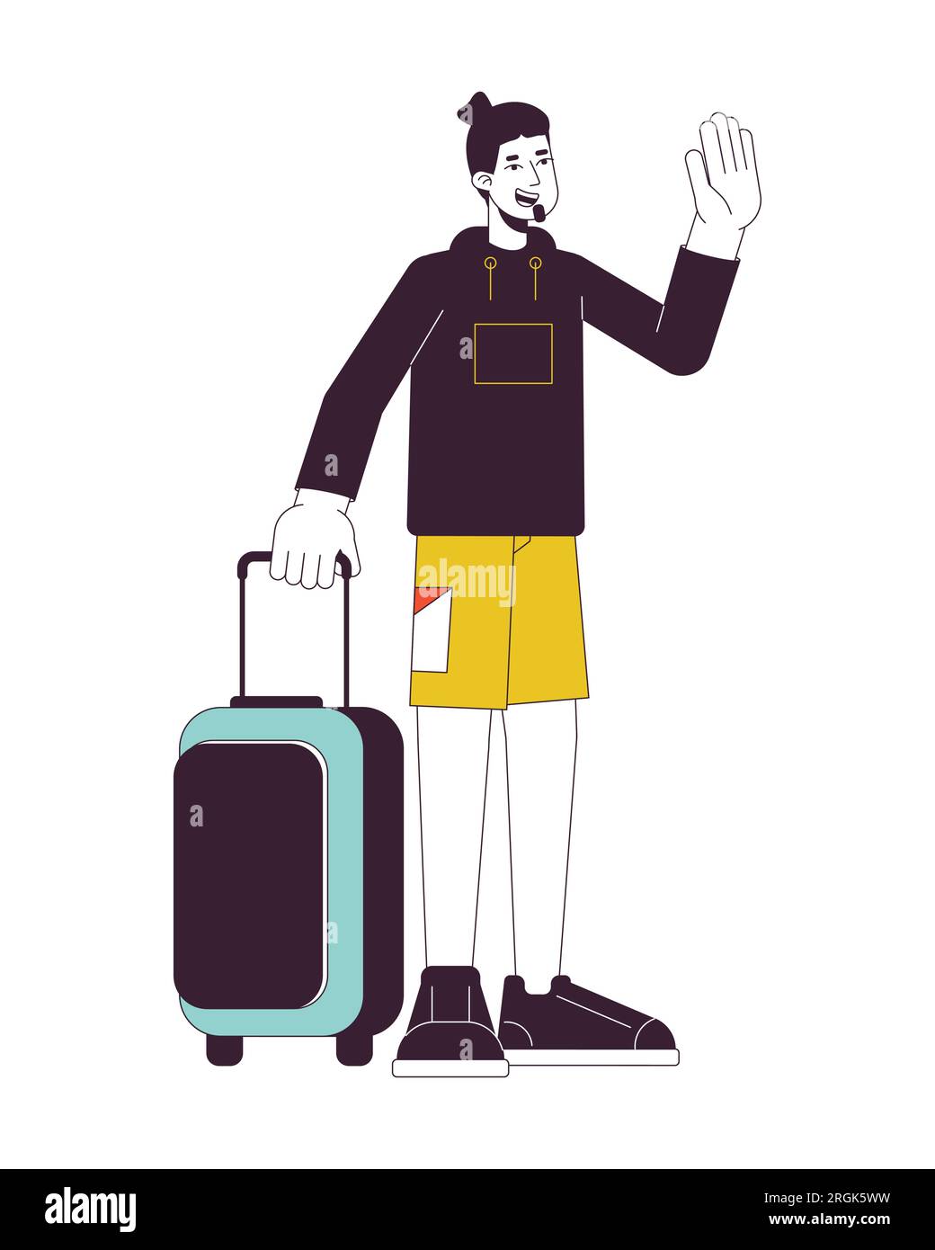 Goodbye waving man holding suitcase flat line color vector character ...