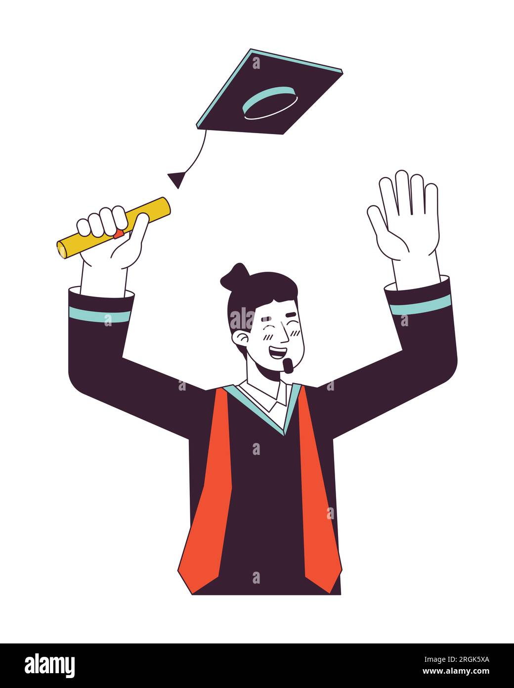 European male graduate throwing graduation cap flat line color vector ...