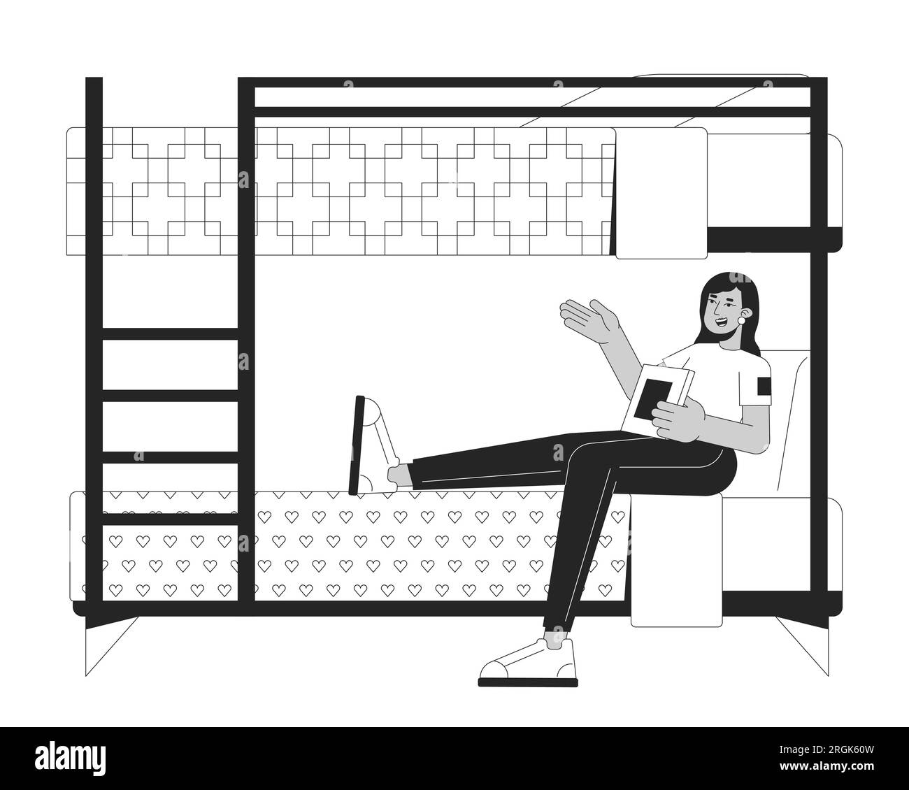 Indian woman with book sitting on bunkbed flat line black white vector ...