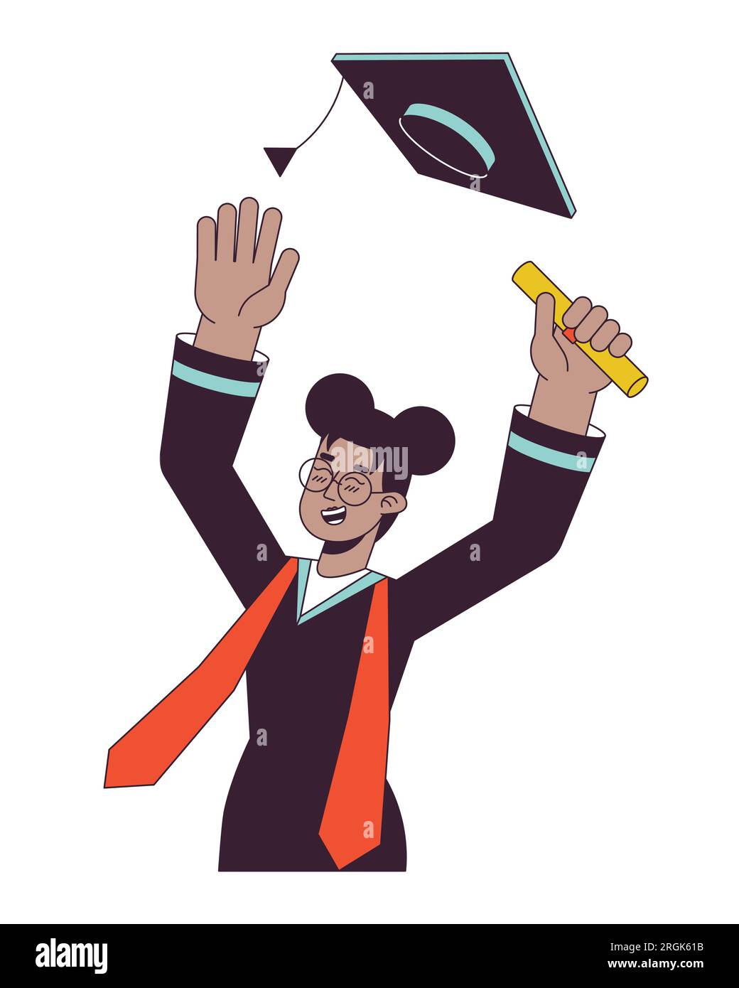 Female high school graduate celebrating flat line color vector ...